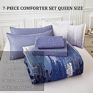 Navy Blue Comforter Set Queen,7 Pieces Bed in a Bag Colorful Abstract Art Gradient Comforter Soft Microfiber Bedding Set -1 Comforter, 1 Flat Sheet, 1 Fitted Sheet, 2 Pillow Shams,2 Pillowcases