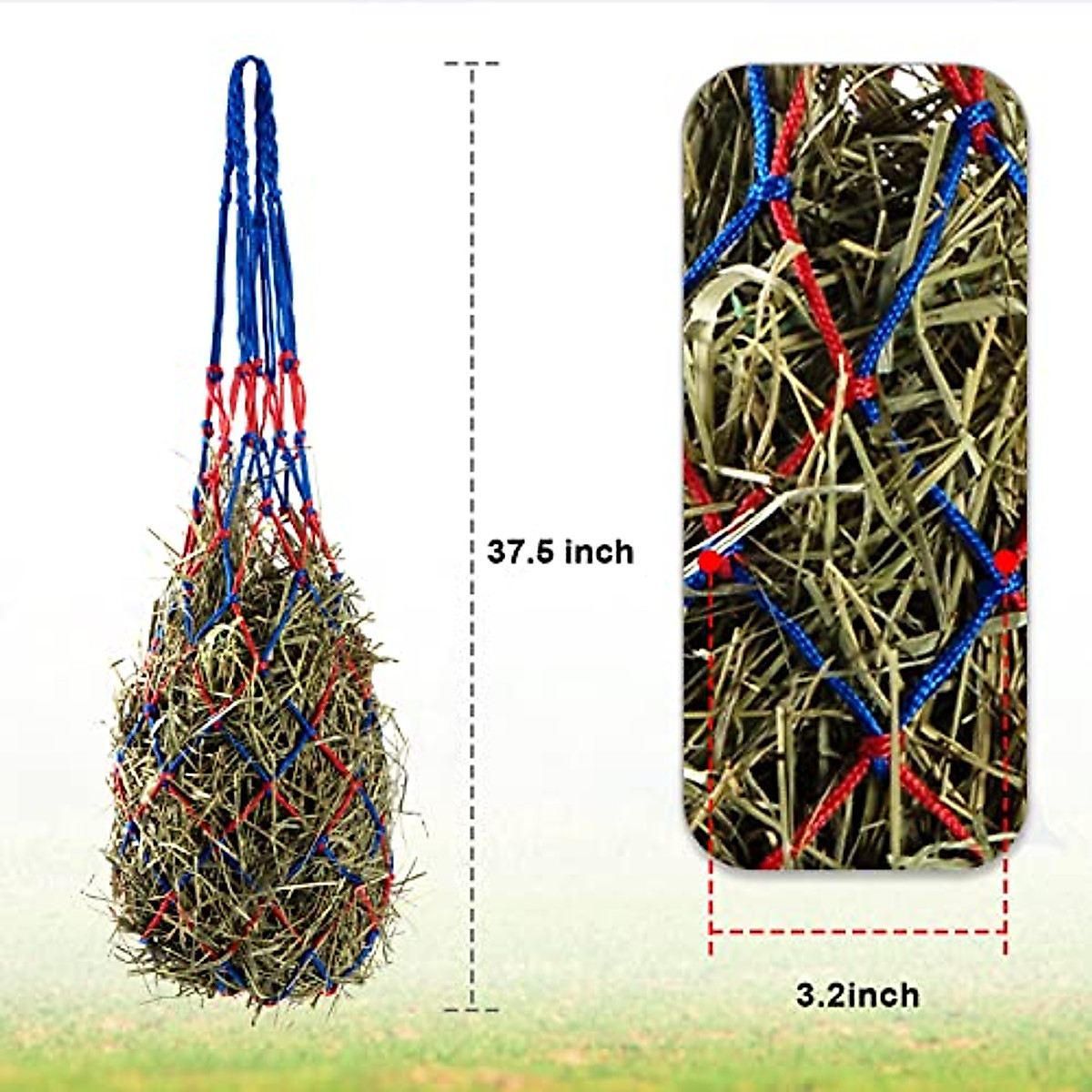 Woiworco 2 Packs Horse Treat Balls and Hay Nets, 5.3 inches Horses Balls Toy and 37.5 inches Long 2 x 2-inch Hay Nets, Slow Feed Hay Feed Hanging Feeding Supplies for Horses and Goats to Play with