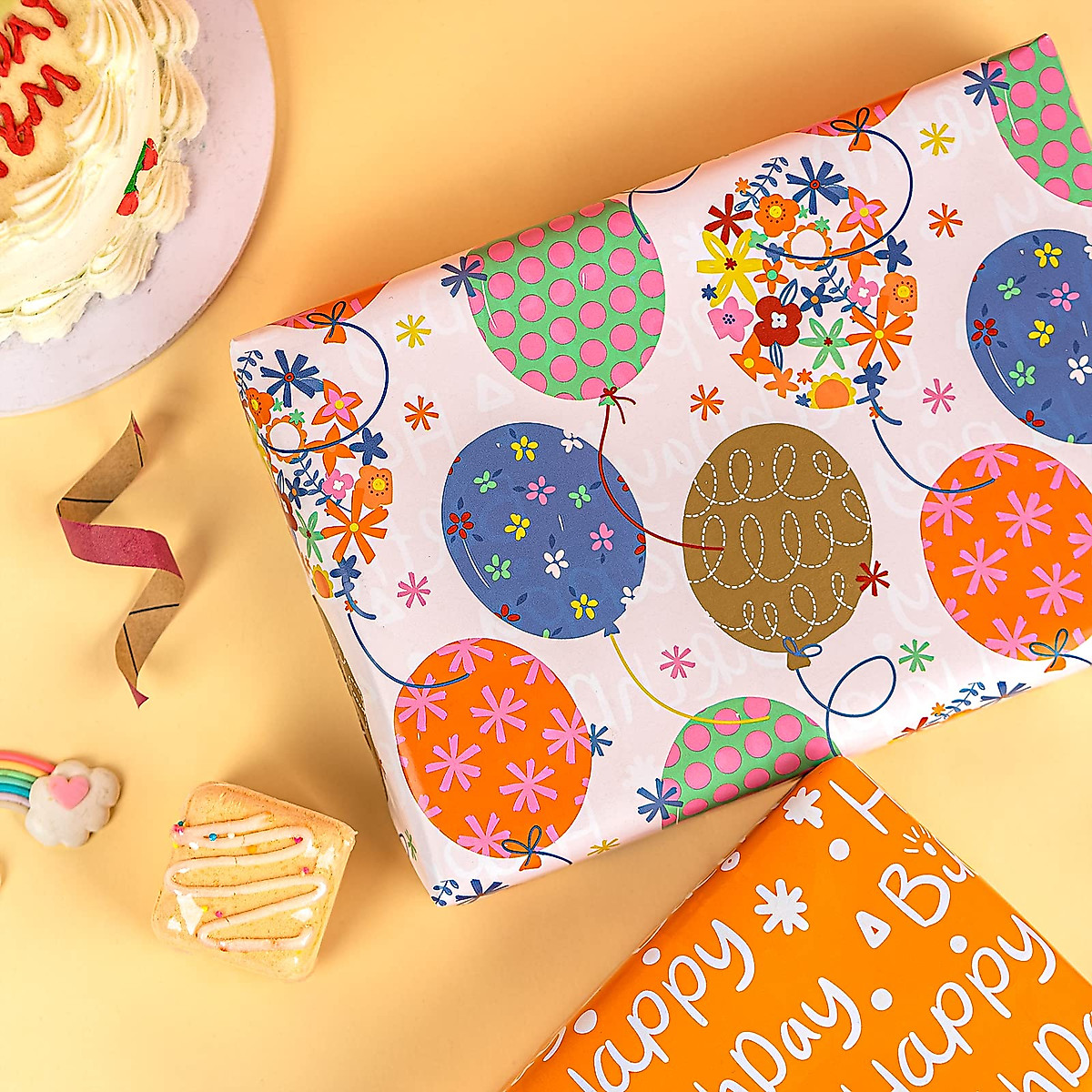 LeZakaa Reversible Birthday Wrapping Paper Roll - Flower Balloon & Happy Birthday Lettering - 17 inches x 32.8 Feet (46.45 sq.ft.)
