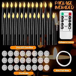 Liliful 24 Pcs Halloween Hanging Floating Candles Flameless LED Taper Candles Magic Hanging Flameless Candles Battery Operated Warm Light for Halloween Party Decor(Black, 6.3inch)