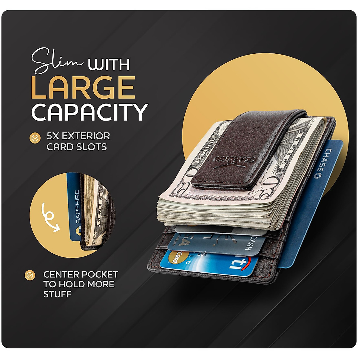 Money Clip Leather Wallet For Men Slim Front Pocket RFID Blocking with Super Strong Magnetic