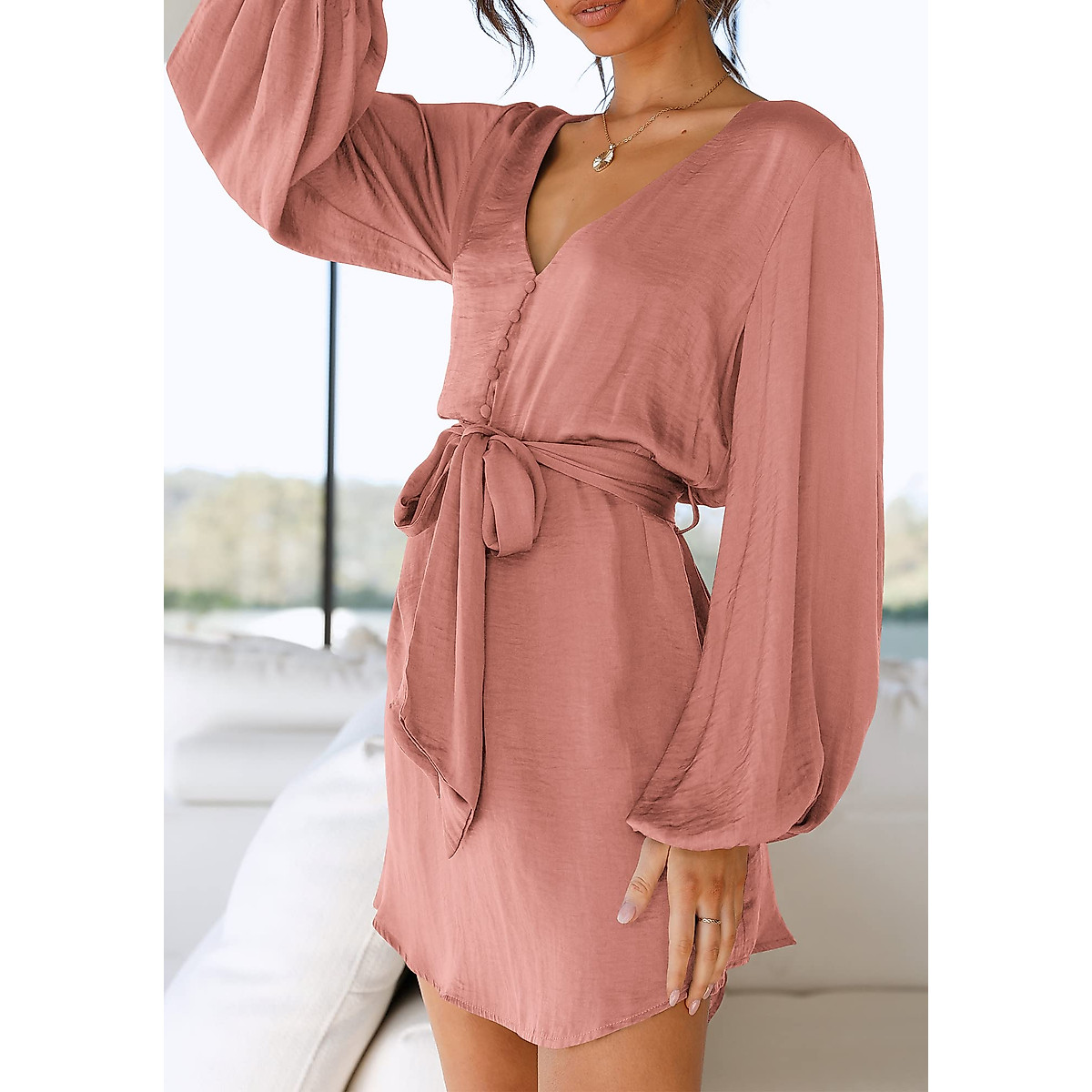 PRETTYGARDEN Women's Spring Long Puff Sleeve Satin Dress V Neck Cocktail Party Belted Short Formal Dresses (Dusty Pink,Medium)