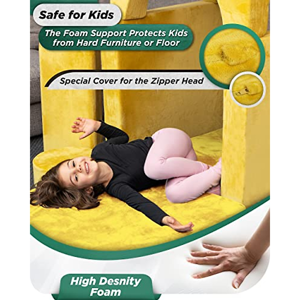 Lunix LX15 14pcs Modular Kids Play Couch, Child Sectional Sofa, Fortplay Bedroom and Playroom Furniture for Toddlers, Convertible Foam and Floor Cushion for Boys and Girls, Yellow