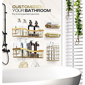 Luxury Style Stainless Steel Shower Caddy Set - Rustproof, Durable, and Adhesive Hanging Bathroom Organizer Kit with 5 Pieces | Shower Caddy Organizer | Bathroom Decor (Luxury Gold)