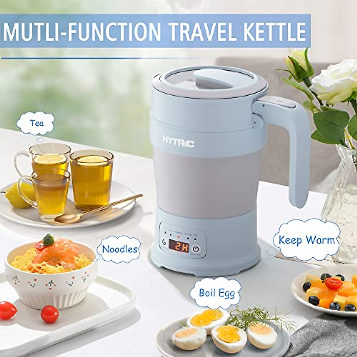 HYTRIC Travel Electric Kettle, 700ML Foldable Small Electric Kettle BPA-Free, Portable Electric Kettle with Multifunctional Panel, Collapsible Hot Water Kettle with Keep Warm & Delay Start, 110V Blue