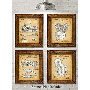 Original Harley Davidson Motorcycle Patent Wall Art Prints - Set of Four Photos (8x10) Unframed Posters - Great Home Decor and Gift for Men and Women Under $15 for Hog Riders