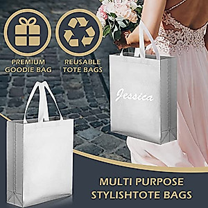 30 Pcs Silver Reusable Gift Bags Glossy Grocery Shopping Bags Reusable Tote Bag with Handles Non Woven Grocery Totes Glitter Gift Tote Bags for Bridesmaid Birthday Wedding Party, 11.8 x 3.9 x 13 Inch