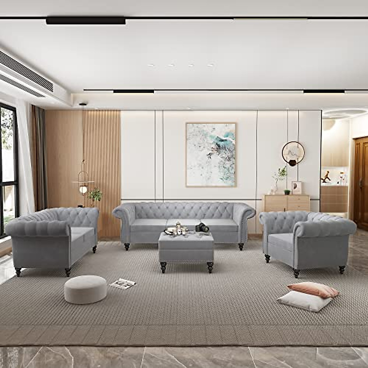 PHOYAL 3 Piece Living Room Set, Chesterfield Velvet Sofa Loveseat Couch Chair with Scroll Arms and Nailhead for Living Room, Office (Grey, 1-2-3)