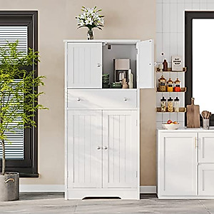 Rovaurx Tall Storage Cabinet with Adjustable Shelf, Bathroom Floor Storage Cabinet with Drawer, Traditional 4 Door Kitchen Pantry, White BMGZ106W