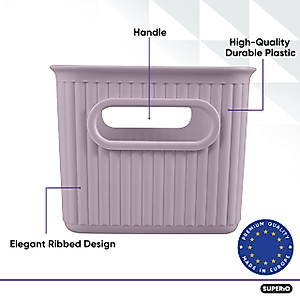 Superio Ribbed Collection - Decorative Plastic Open Home Storage Bins Organizer Baskets, Small Lilac Purple (1 Pack) Container Boxes for Organizing Closet Shelves Drawer Shelf 1.5 Liter