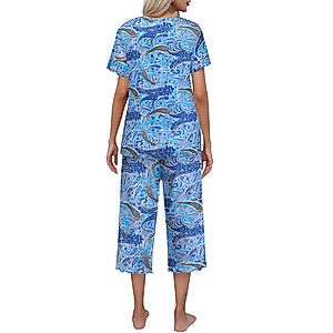 Ekouaer Women's Pajamas Set Short Sleeve Top With Capri Pants Pjs Lounge & Sleepwear SetCashew Navy BlueXX-Large