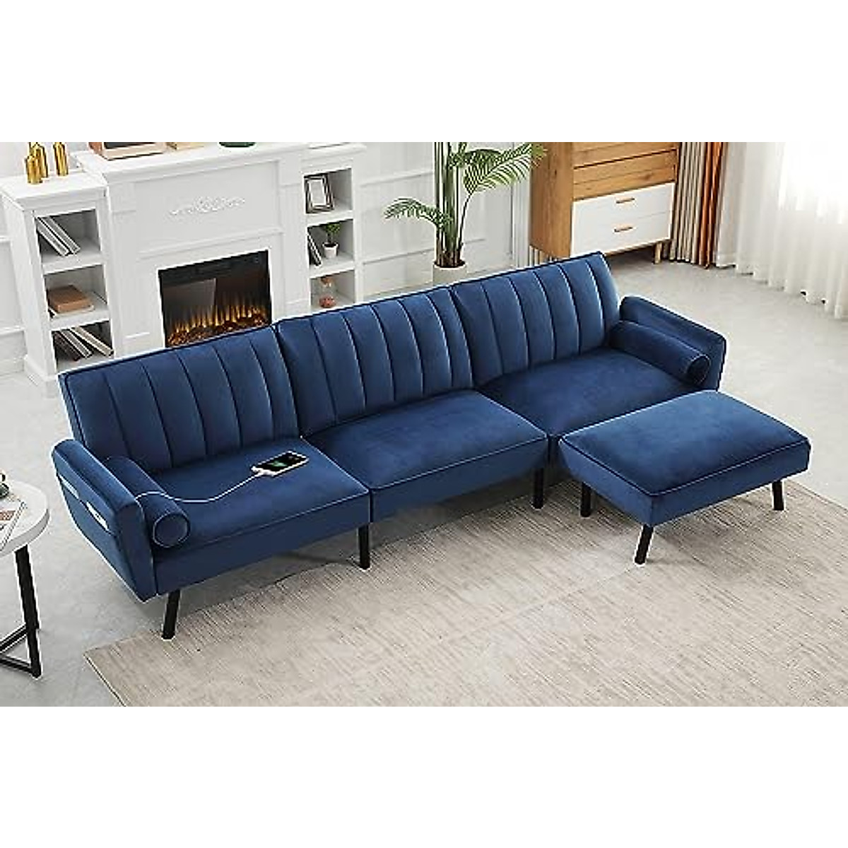 DURASPACE Velvet Sectional Convertible Sofa with Chaise, 107" L Shape Sectional Sofa Couch with USB, Split Back Folding Futon Couches for Living Room (Blue)