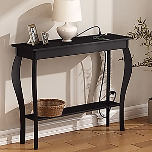 ChooChoo Console Table with Outlets and USB Ports, Narrow Sofa Table, Chic Accent Table for Living Room, Entryway, Hallway, Foyer, Black