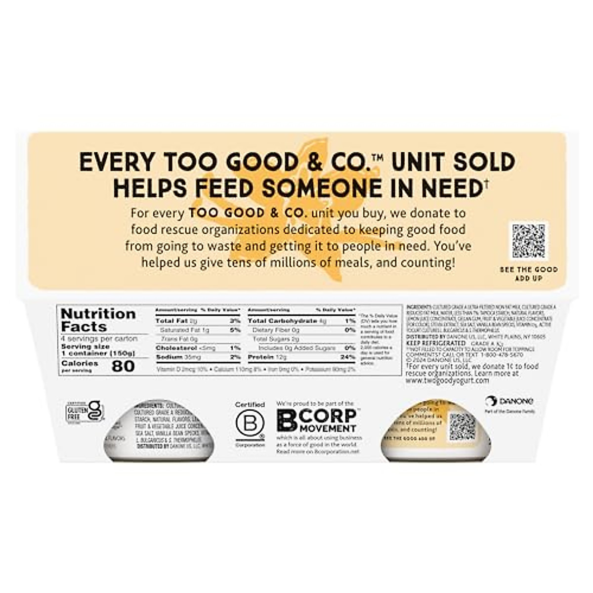 Two Good Low Fat Greek Yogurt, Vanilla, Lower Sugar, Gluten Free, With 2g of Sugar, 5.3 oz., 4 Pack