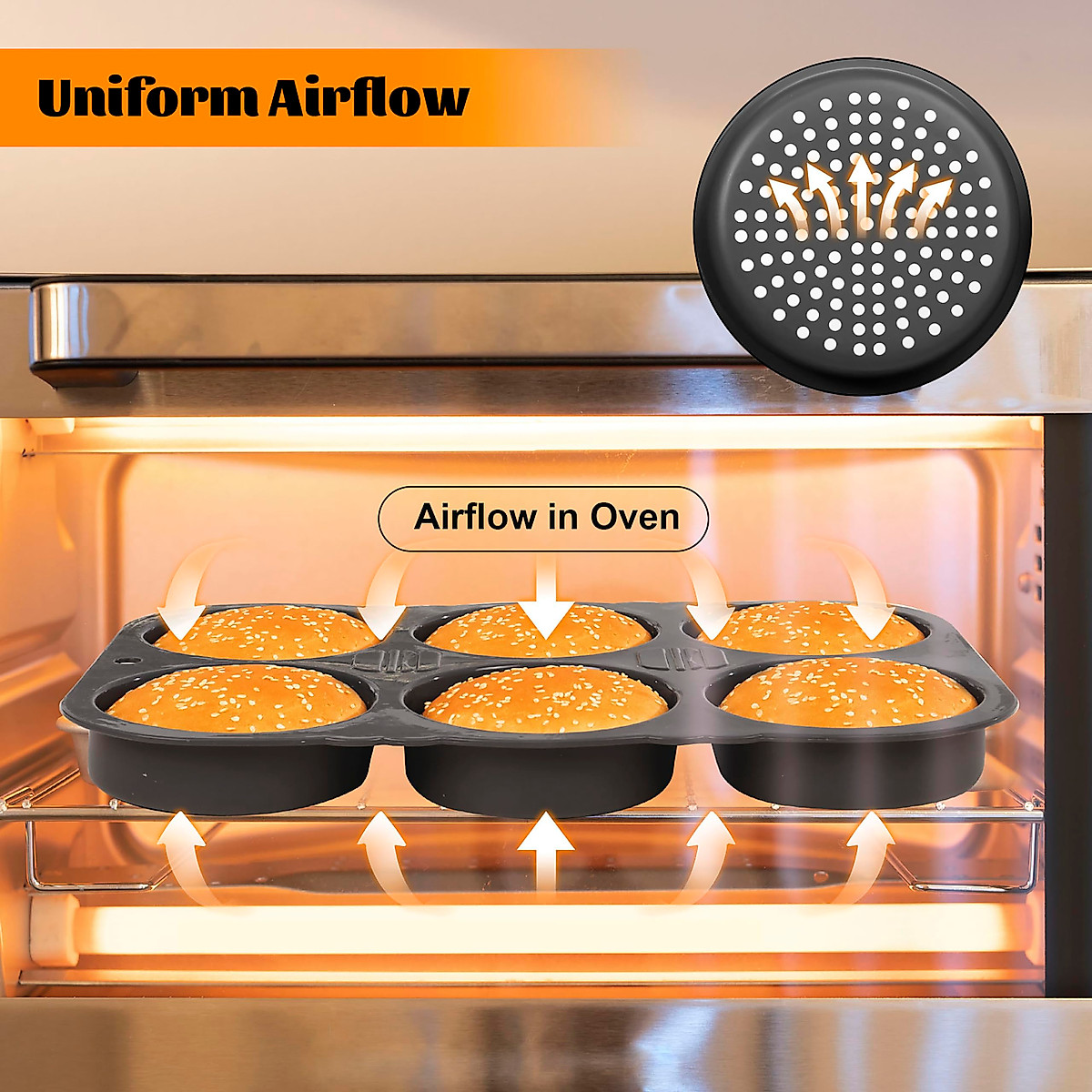 AKS Co Hamburger Bun Pan, Non-Stick Silicone - Oven-Safe, Vented 6-Cavity Baking Mold, Dishwasher Safe with Basting Brush