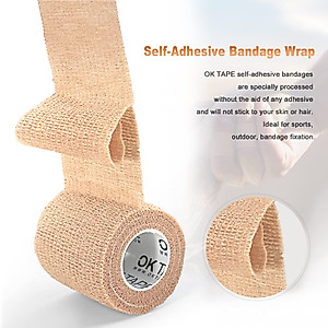 OK TAPE Self Adherent Cohesive Bandages Wrap 12Packs, 2 Inches X 5 Yards, Non-Woven Self Adhesive Athletic Sports wrap Tape, Vet Wrap Bandages Tape, for Thumb Finger Wrist Ankle (Beige)