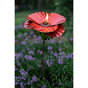 Desert Steel Flower Torch - (Red Poppy, 36" H x14 W) - Metal Art Citronella Garden Torch & Pathway Light w/Refillable Lamp Oil Canister