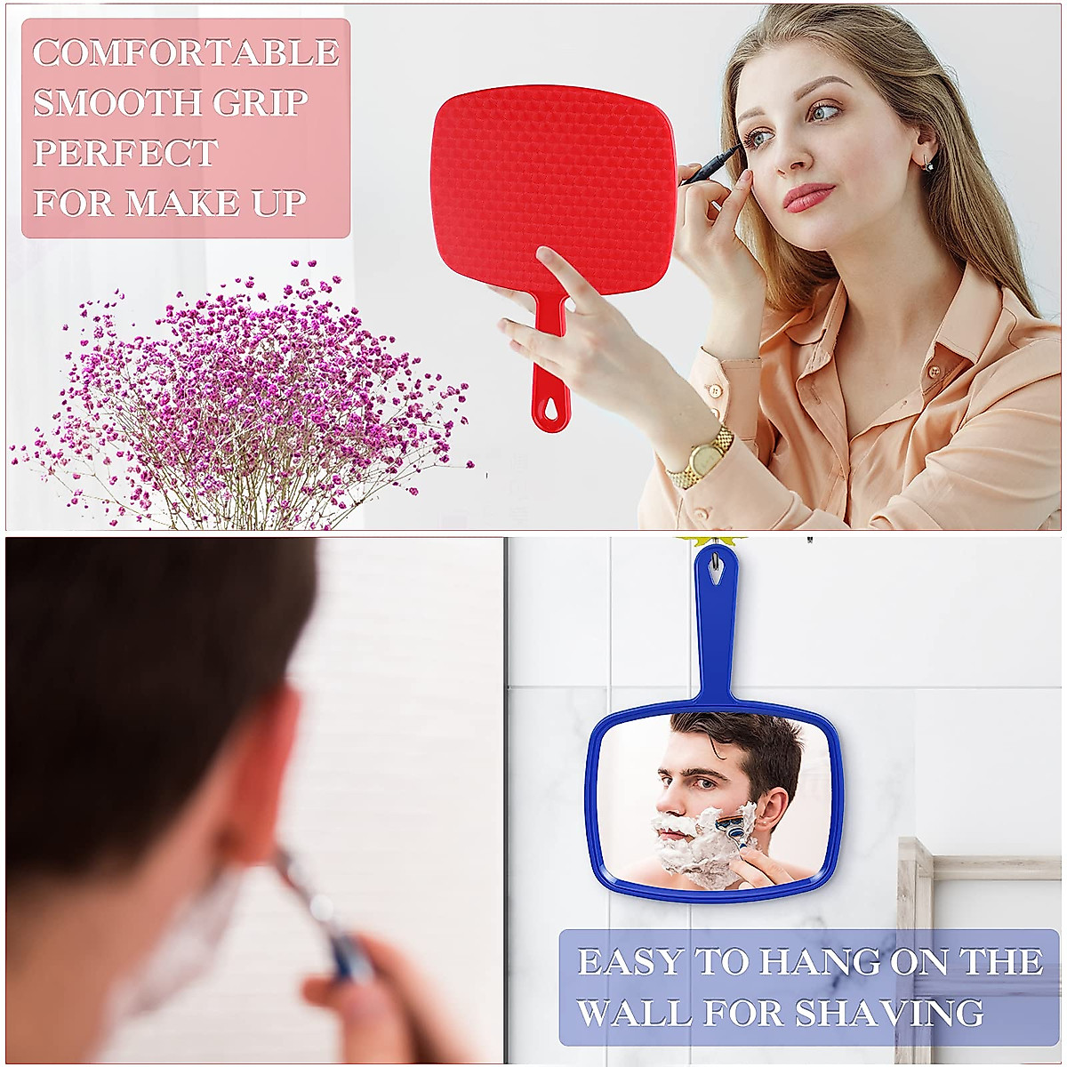 Jetec 3 Pieces Hand Handheld Cosmetic Mirrors with Handle, Portable Vanity Mirrors for Travel, Home, and Salon Use(9.17 x 6.53 Inch,Red, Black, Blue)