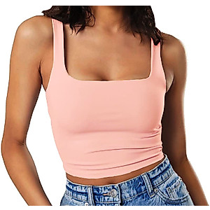 Artfish Women's Sleeveless Strappy Seamless Crop Tank Tops Square Neck Workout Fitness Basic Cropped Camis Lotus Pink, L