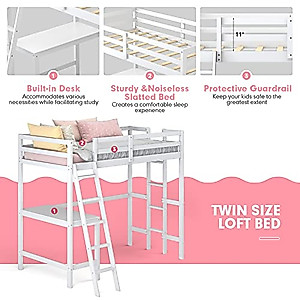 KOMFOTT Twin Loft Bed with Desk, Solid Wood Loft Bed Frame with 2 Ladders, Safety Guardrail for Teenagers and Adults, Space-Saving Loft Bed with Wooden Slats Support, No Box Spring Needed (White)
