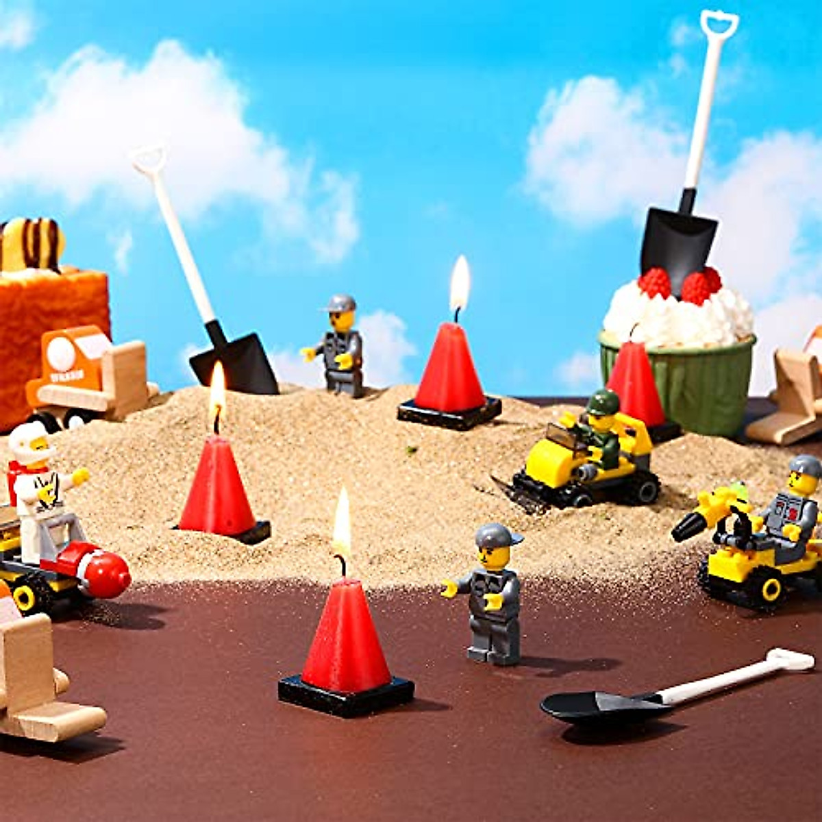 BBTO 6 Pieces Cone Shaped Molded Candles 50 Pieces Plastic Shovel Shape Novelty Spoons Construction Party Supplies Traffic Cones Candles for Birthday Cakes Decorations Toppers Construction