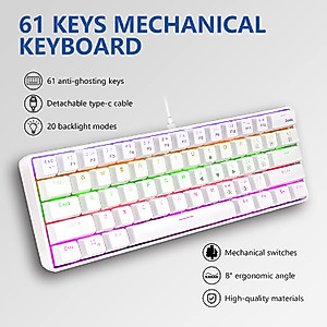 RedThunder 60% Mechanical Gaming Keyboard, 61 Keys Ultra-Compact Wired Mini Keyboard, Rainbow RGB Backlight for Typist Laptop PC Mac Gamer (White, Red Switch)