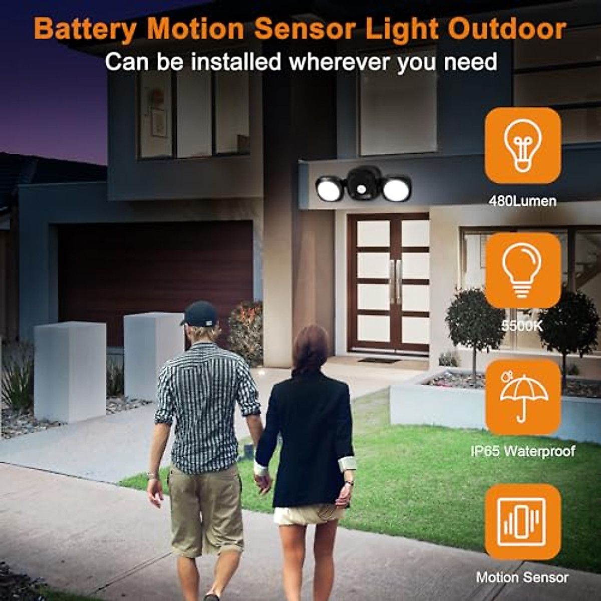 Battery-Operated Motion Sensor Light Outdoor/Indoor - Battery Powered LED Flood Light, IP65 Waterproof Wireless Security Lights Outside Lights for House Garage Patio Porch Shed Exterior, Black-1Pack