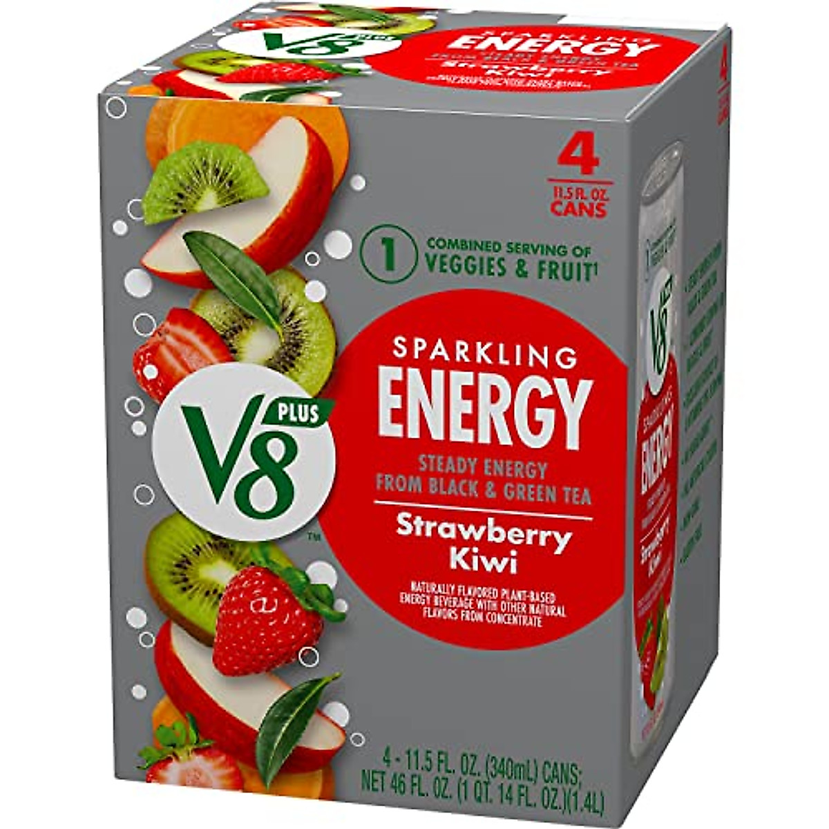V8 +Energy Sparkling Strawberry Kiwi Juice Energy Drink, 11.5 fl oz Can (4 Pack)