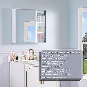 WELLFOR 30 X 28 Inch LED Lighted Bathroom Medicine Cabinet with Mirror, Bathroom Vanity Mirror Cabinet with Dimmable Lights and Defogger, 3 Solid Wood Shelves, Ample Storage Space, Quiet Closing Door