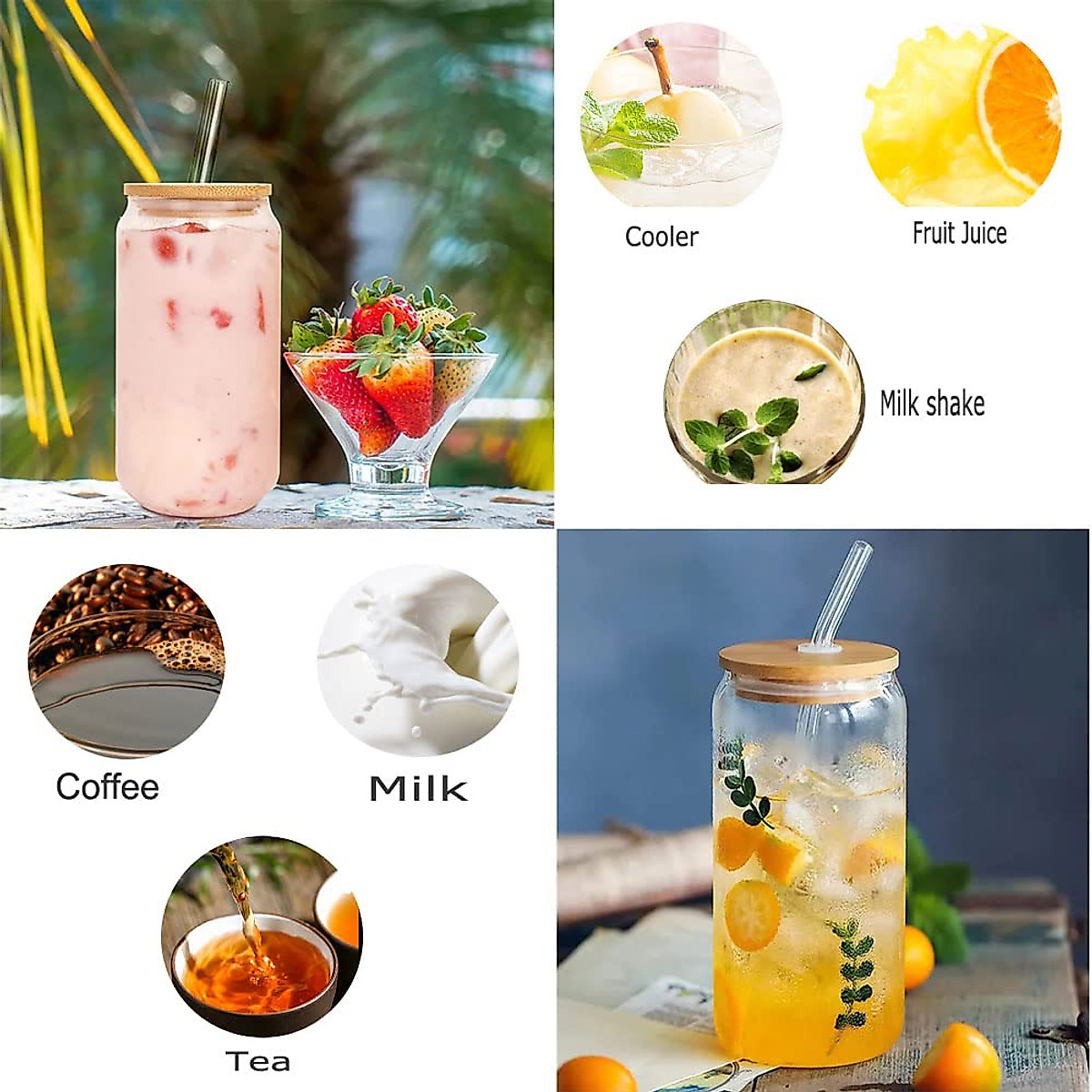 AGGICE Drinking Glass with Bamboo Lids and Glass Straw, 16Oz Can Shaped Glass Cup, Mason Jar Coke Cup Beer Glass Cocktail Glass Fruit Tea Cup Milkshake Glass Coffee Cup include Cleaning Brush