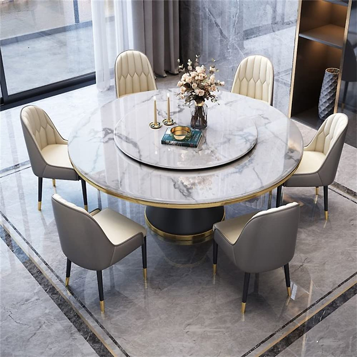LAKIQ Modern Round Dining Table with Lazy Susan Marble Kitchen Dining Room Table Pedestal Dining Table(White Lazy Susan,47.2" L x 47.2" W x 29.5" H)