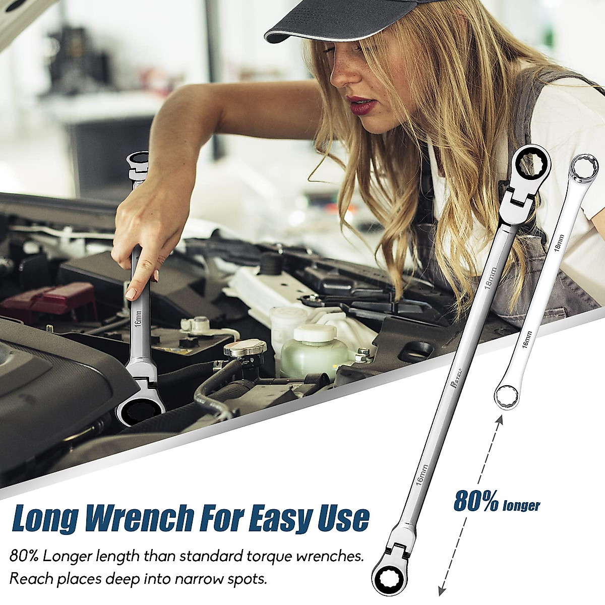 PTSTEL Ratcheting Wrench Set, Extra Long Double Box End Wrench Set，Flex-Head Metric Spanner Set, 6 Piece 72-Tooth Ratcheting Wrench Kit, 8-19mm (6, 8-19mm)