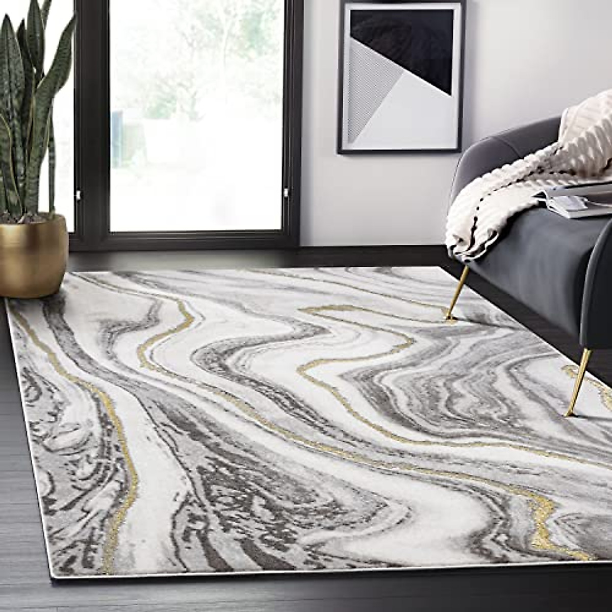 Abani Contemporary Grey & Metallic Gold Marble Area Rug, 5'3" x 7'6"(5'x8') Non-Shed Modern Rugs Marble Print Dining Room Rug