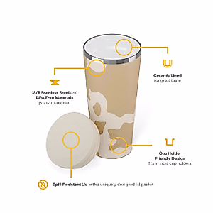 RTIC 20oz Everyday Tumbler Insulated Stainless Steel Portable Travel Coffee Cup with Straw, Spill-Resistant Lid, BPA-Free, Hot and Cold Drink, Brown Cow Hide