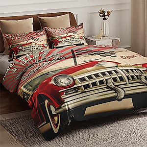 Pinbeam Comforter Set Queen Size, Tire Retro Vintage Car Soft Bedding Set for Kids and Adults, Vehicle Automotive Garage Comforter Set with 2 Pillowcases for Bedroom Bed Decor