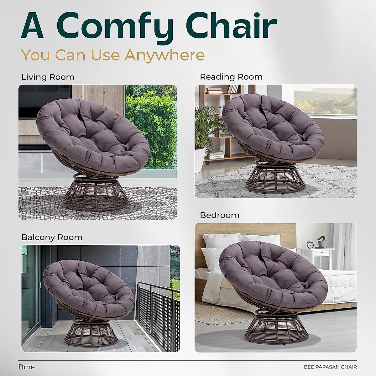 Bme 40" Ergonomic Wicker Papasan Chair with Soft Thick Density Fabric Cushion, Bee-Designed Base, High Capacity Steel Frame, 360 Degree Swivel for Living, Bedroom, Reading Room,...