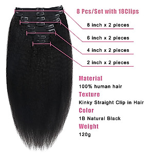 Tahikie Kinky Straight Human Hair Clip in Extensions 120g Full Head Clip ins for Women 100% Unprocessed Brazilian Virgin Human Hair Yaki Straight Clip ins Remy Hair Natural Black 8Pcs 18Clips 16inch