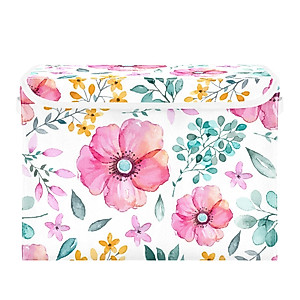stargrass Foldable Storage Bin Fabric Decorative Storage Box with Lid and Handles,Watercolor Red Flowers Leaves Collapsible Storage Basket 11.8x12.6x16.5 Inch
