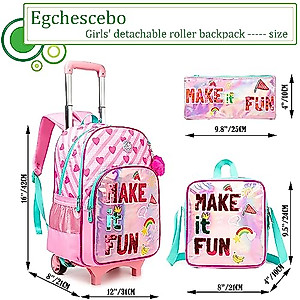 Egchescebo Kids Rolling Backpack for Girls Suitcases Trolley Backpacks with Wheels Roller Luggage Backpack on Wheels with Lunch Box Pencil Case for Elementary Girls Travel School Bag Aged 6-15 Red