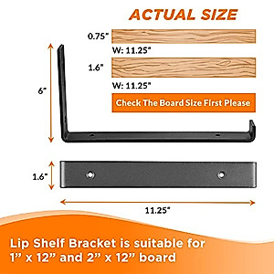 BATODA 12” Shelf Brackets with Lip (Match 11.25" Board) - 6 Pcs J Shelf Bracket Black - Heavy Duty Hook Brackets for Shelves - Wall Mounted Support for DIY - Shelving Hardware Included (Pack 6)