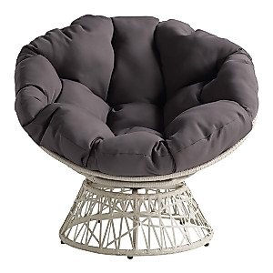 OSP Home Furnishings Wicker Papasan Chair with 360-Degree Swivel, Cream Frame with Grey Cushion