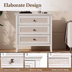 RoyalCraft White Dresser for Bedroom Set of 2, Boho Tall Dresser with 3 Rattan Decorated Drawers, Modern Wood Chest of Drawers for Closet, Living Room, Hallway, Entryway