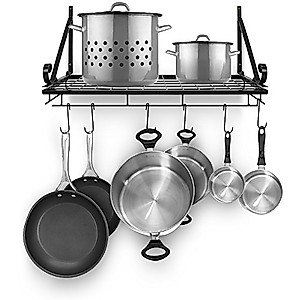 Sorbus Pots and Pan Rack — Decorative Wall Mounted Storage Hanging Rack — Multipurpose Wrought-Iron shelf Organizer for Kitchen Cookware, Utensils, Pans, Books, Bathroom (Wall Rack - Black)