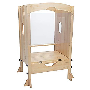 Wooden Kitchen Tower Step Stool Helper for Kids & Toddlers Christmas Holiday Baking- Stand w 3 Adjustable Heights, Safety Rail & Treads, and Kitchen Knob Protector- Folds Flat for Easy Storage