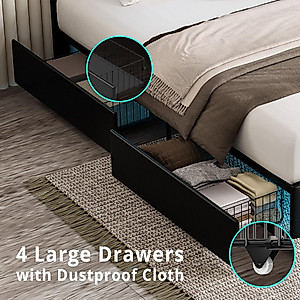 LIKIMIO Full Size Bed Frame with LED Light, PU Leather Platform Bed Frame with 4 Drawers, Adjustable Crystal Button Tufted Headboard, No Box Spring Needed, Black