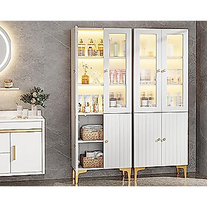 Tribesigns Bookcase with Doors and LED Light, White Bookshelf with 5-Tier Storage Shelves, Freestanding Tall Storage Cabinet for Living Room, Office, Bathroom