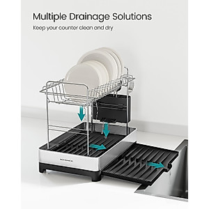 SONGMICS 2-Tier Small Dish Drying Rack, Expandable Dish Dryer for Kitchen Counter, Stainless Steel Dish Rack with Utensil Holder, Rustproof, for Dishes, Knives, Spoons, Forks, Silver Black UKCS036B01