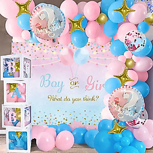 145pcs Baby Boxes Gender Reveal Balloon Decorations, Pink and Blue Balloon Garland Kit 4pcs Baby Boxes with Letters, Boy or Girl Backdrop for Gender Reveal Baby Shower Birthday Party Supplies