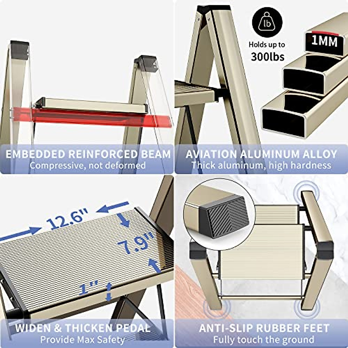 2 Step Ladder Folding Step Stool with Anti-Slip Sturdy and Wide Pedal, Aluminum Portable Lightweight Step Stool for Adults Multi-Use for Home Kitchen, Gold, 330 lbs