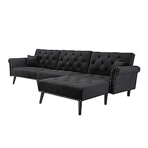 FULife Velvet Convertible Sleeper Sofa Bed, Reversible Sectional L-Shaped Couch with 2 Pillows and Right Chaise Lounge for Living Room Apartment Office Studio Furniture Sets, Black